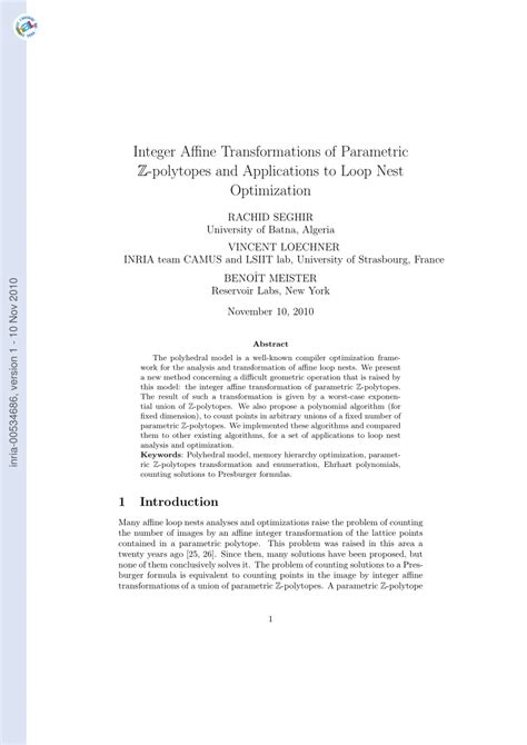 pdf integer affine transformations of parametric z polytopes and applications to loop nest