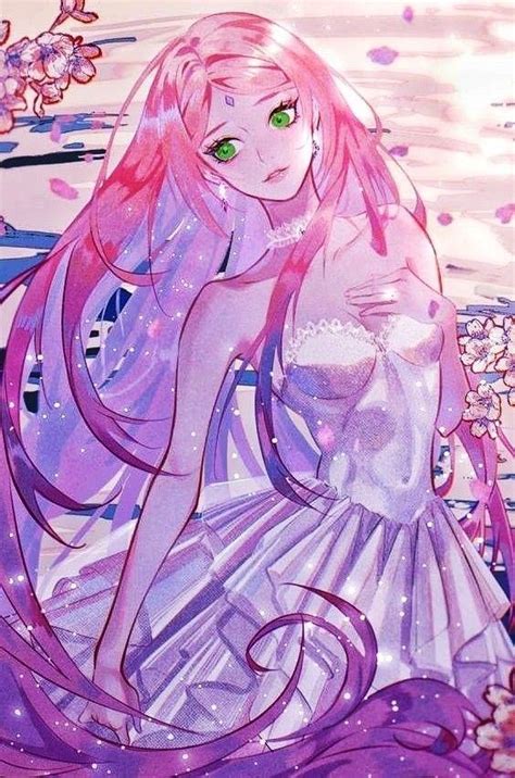 An Anime Girl With Long Pink Hair And Green Eyes Sitting On The Ground In Front Of Flowers