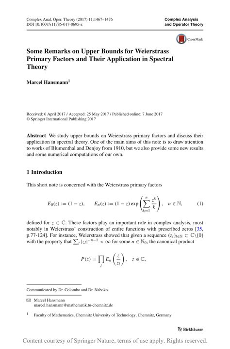 some remarks on upper bounds for weierstrass primary factors and their application in spectral