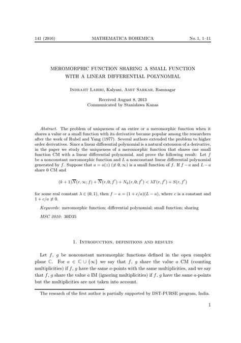 pdf meromorphic function sharing a small function with a linear differential polynomial