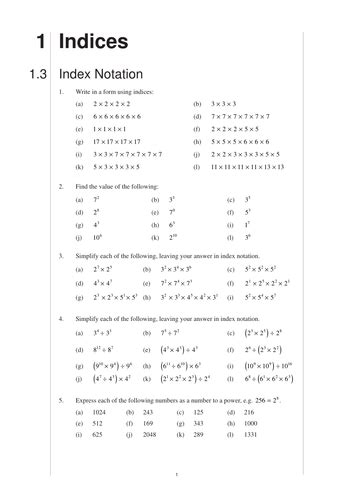 indices index notation mep gcse activities teaching resources