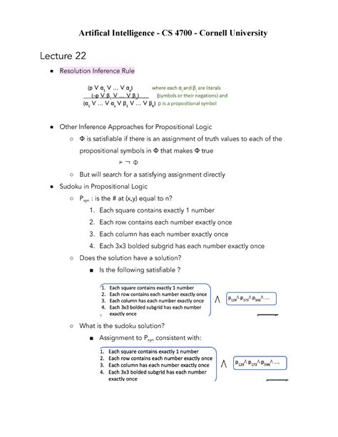 cornell university artifical intelligence lec 22 lecture 22 resolution inference rule