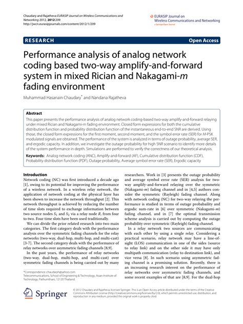 pdf performance analysis of analog network coding based two way amplify and forward system in