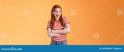Excited Cheerful Ginger Girl Long Natural Red Hair Open Mouth Enthusiastic Smile Cross Arms