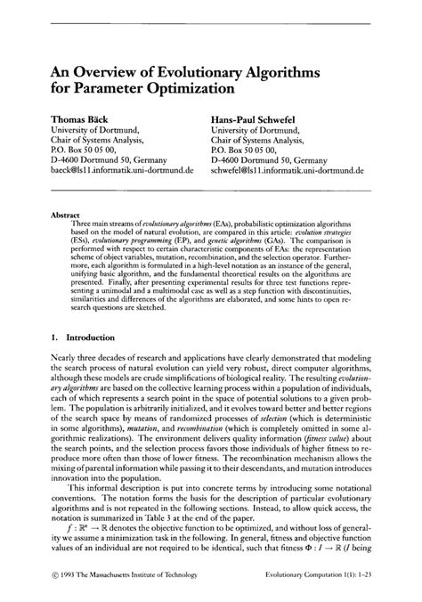 pdf an overview of evolutionary algorithms for parameter optimization