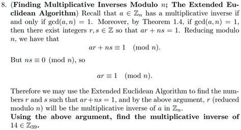 solved text 8 finding multiplicative inverses modulo n the extended euclidean algorithm