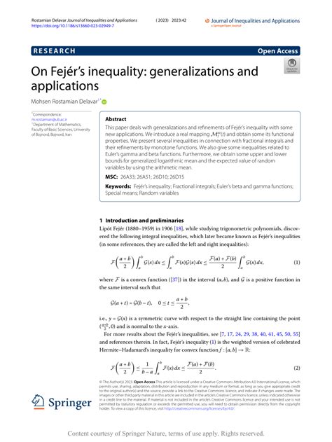 pdf on fejér s inequality generalizations and applications