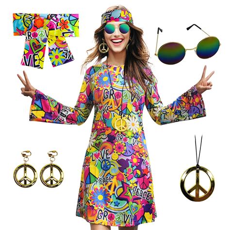 Mryuwb 70s Hippie Dress Costumes Necklace Earrings Sunglass Women Disco Outfit 60s Party