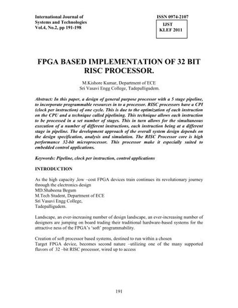 fpga based implementation of 32 bit risc processor ijst
