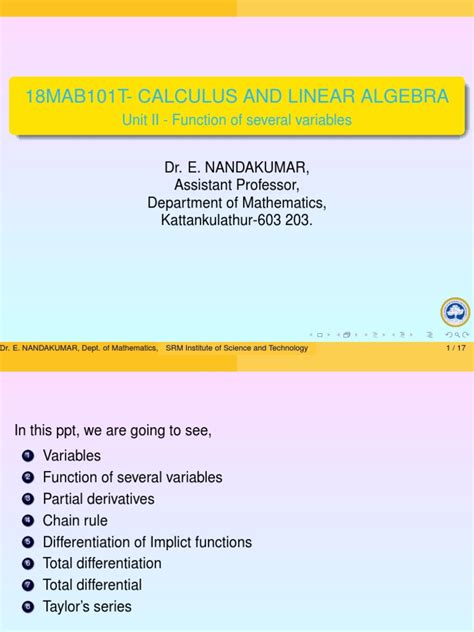 18mab101t calculus and linear algebra unit ii function of several variables pdf