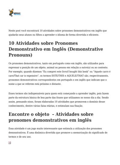 10 Atividades sobre Pronomes Demonstrativo em Inglês Demonstrative
