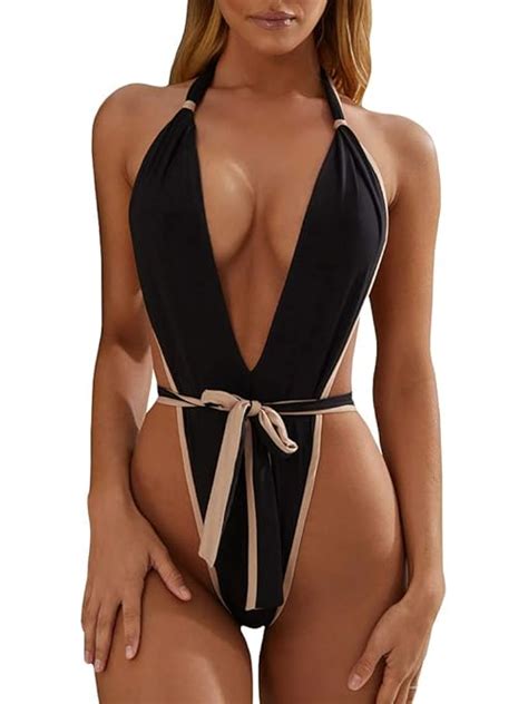 Buy Sunmmwery Womens Sexy Swimsuits Deep V Neck High Cut Halter One Piece Monokini Swimwear