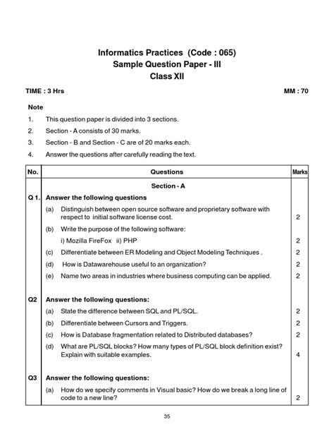 informatics practices code 065 sample question paper iii class xii pdf