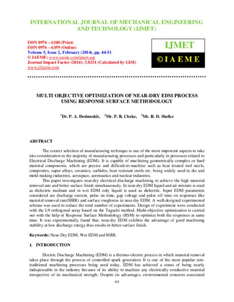 pdf multi objective optimization of near dry edm process using response surface methodology