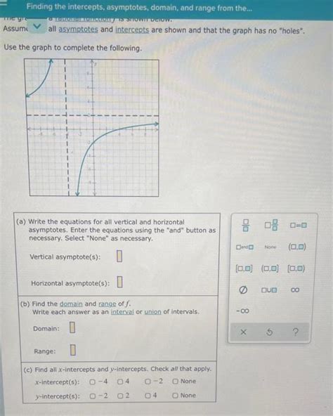solved finding the intercepts asymptotes domain and range