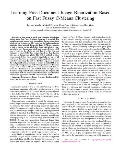 pdf learning free document image binarization based on fast fuzzy c means clustering