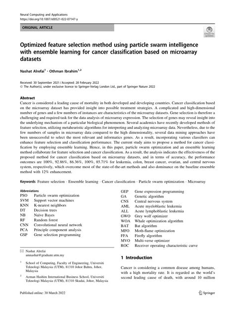 pdf optimized feature selection method using particle swarm intelligence with ensemble