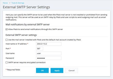 how to configure an external smtp server in plesk plesk
