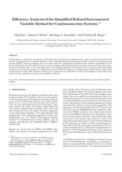 pdf efficiency analysis of the simplified refined instrumental variable method for continuous