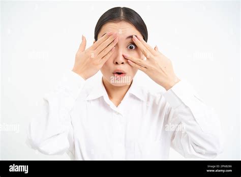 Asian Woman Entrepreneur Businesswoman Shuts Her Eyes With Hands Stands Blindfolded Against