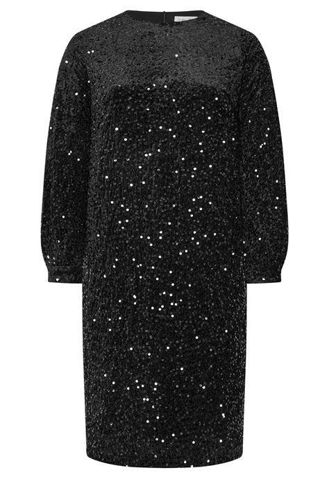 Yours London Plus Size Black Velvet Long Sleeve Sequin Dress Yours Clothing