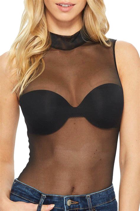 Spanx Black Sheer Fashion Non Shaping Mock Neck Mesh Thong Bodysuit Cheapundies