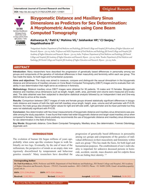 Pdf Bizygomatic Distance And Maxillary Sinus Dimensions As Predictors For Sex Determination A
