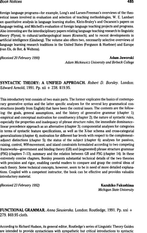 syntactic theory a unified approach robert d borsley london edward arnold 1991 pp xii