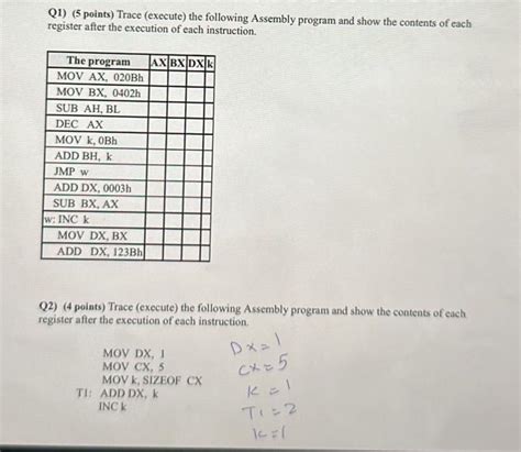 q1 5 points trace execute the following assembly