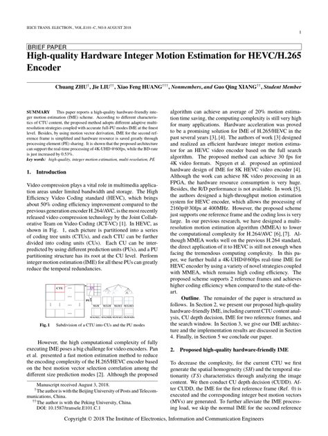 pdf high quality hardware integer motion estimation for hevc h 265 encoder