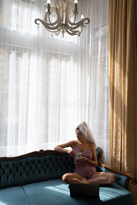 Morning Relax Young Beautiful Women In White Bathrobes And Towels In Bedroom After Wake Up