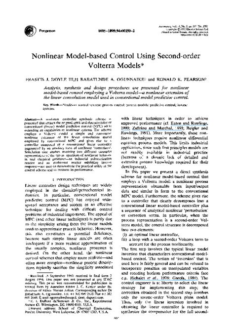 pdf nonlinear model based control using second order volterra models babatunde ogunnaike