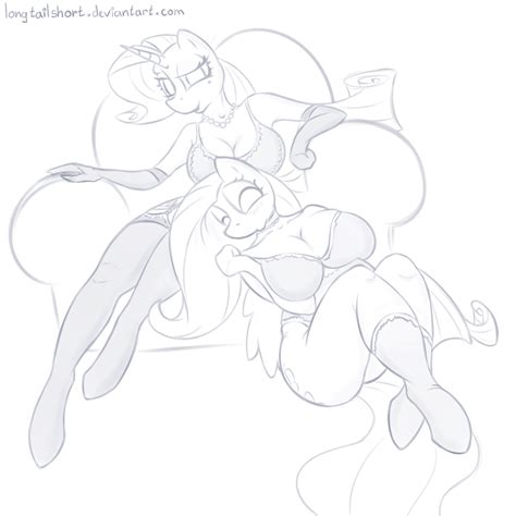 1609177 Suggestive Artistlongtailshort Fluttershy Rarity Anthro Unguligrade Anthro G4