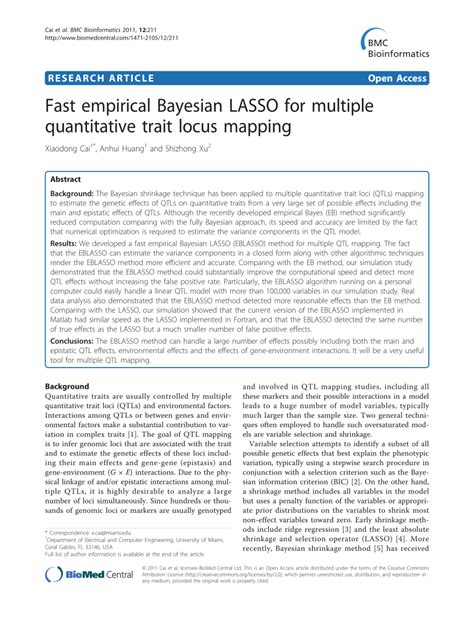 pdf cai x huang a xu s fast empirical bayesian lasso for multiple quantitative trait locus