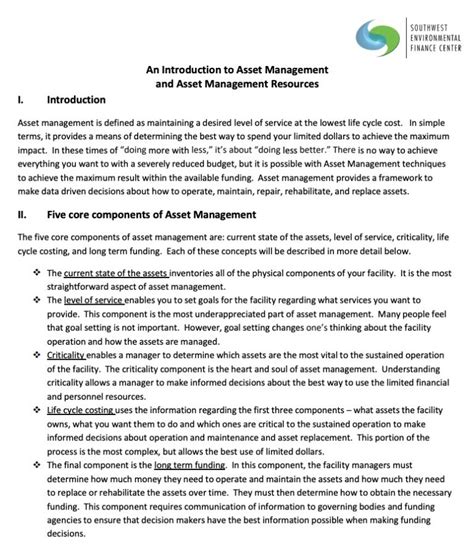 asset management an introduction southwest environmental finance center