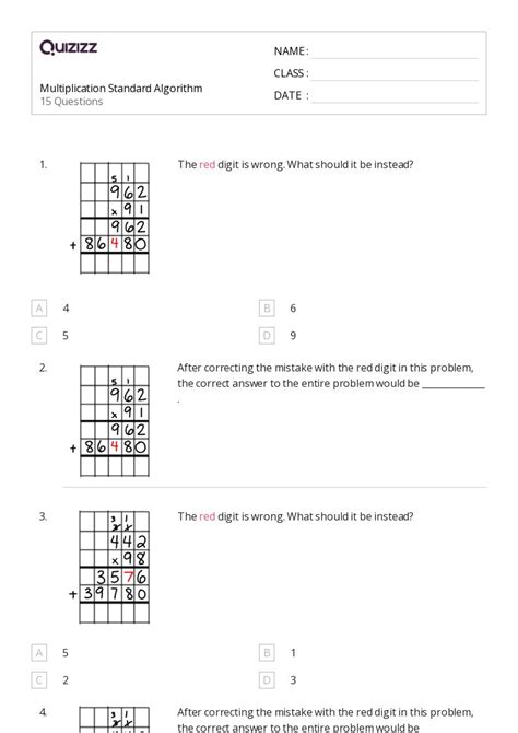 50 multi digit multiplication and the standard algorithm worksheets for 5th grade on quizizz