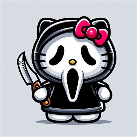 A Hello Kitty Character Holding A Knife And Wearing A Black Shirt With A Pink Bow On Its Head