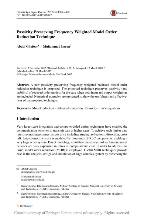 passivity preserving frequency weighted model order reduction technique request pdf