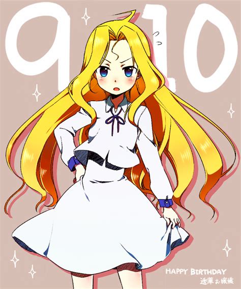 Safebooru Ahoge Birthday Blonde Hair Blue Eyes Blush Hand On Hip Minnairu Ryuumonbuchi Touka