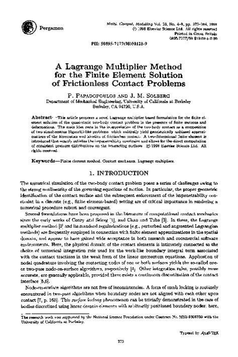 pdf a lagrange multiplier method for the finite element solution of frictionless contact