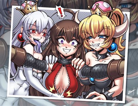 Rule 34 3girls Big Breasts Black Dress Blonde Hair Blue Eyes Blush Boosette Bowsette Bracelet