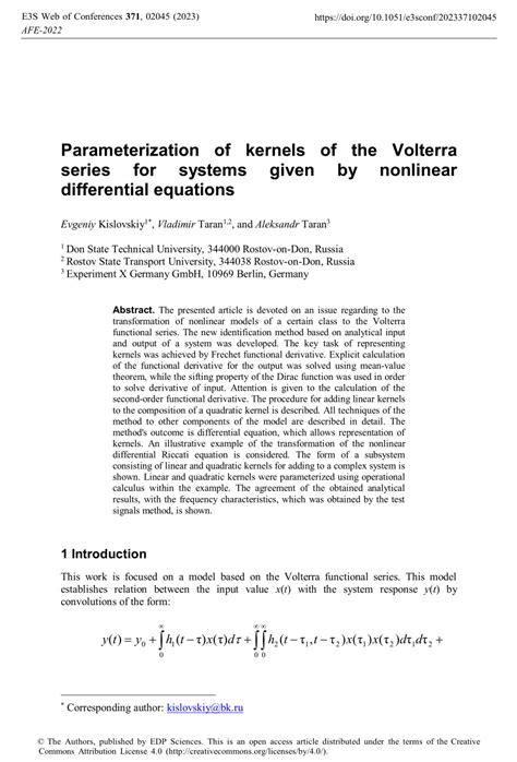 pdf parameterization of kernels of the volterra series for systems given by nonlinear