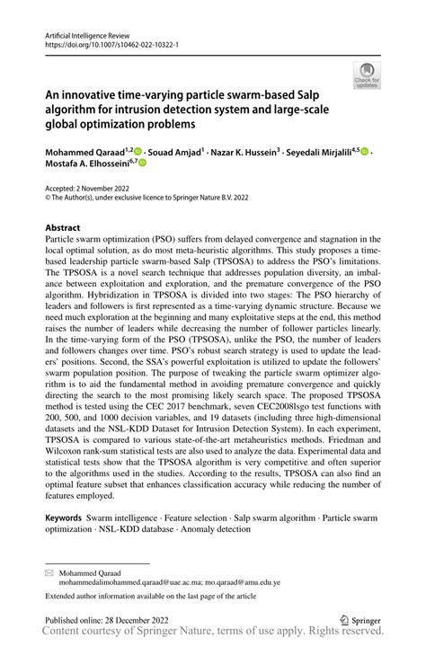 an innovative time varying particle swarm based salp algorithm for intrusion detection system