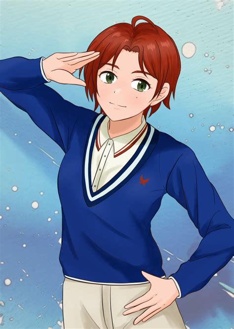 Safebooru 1girl Blue Shirt Brown Hair Gozyuarashi Green Eyes Long Sleeves Looking At Viewer