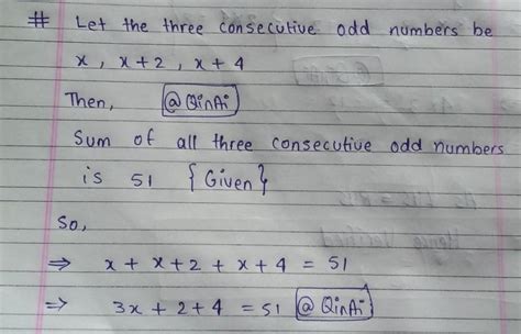 find the numbers when the sum of three consecutive odd numbers is 51