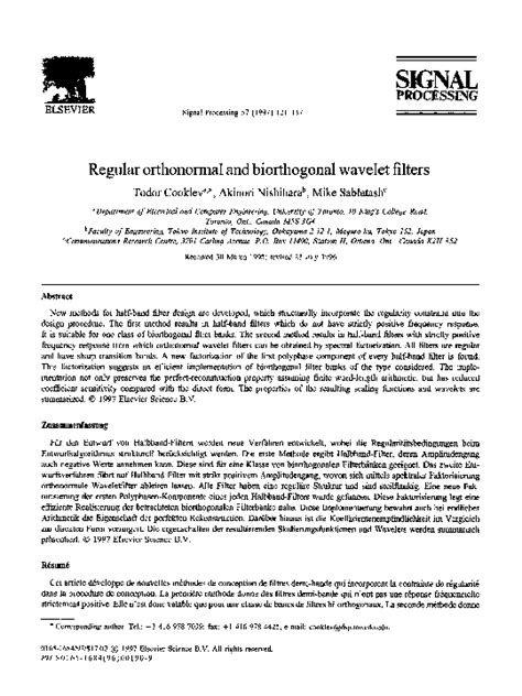 pdf regular orthonormal and biorthogonal wavelet filters todor cooklev