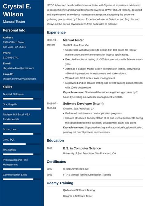Manual Tester Resume Sample For Various Levels