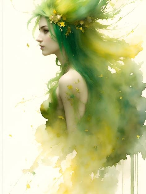 Premium Ai Image A Girl With Green Hair And A Flower In Her Hair