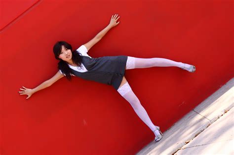 Wallpaper Sports Model Portrait Street Red Asian Jumping Dress Stockings Fashion