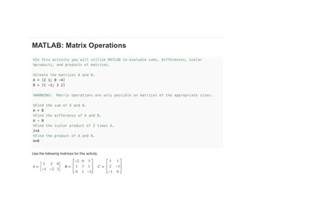 solved matlab matrix operations in this activity you will